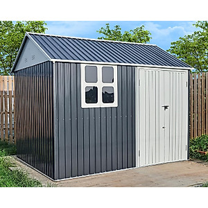 VanAcc 10x8x8 FT Shed 4-pane Window Nordic Cottage Storage Shed Outdoor Metal Garden House Double Hinged Lockable Doors for Backyard Garden Patio Lawn Dark Grey/White