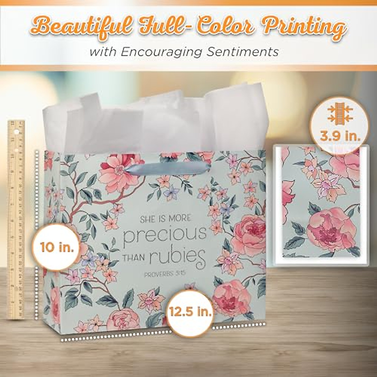 Christian Art Gifts Large Landscape Gift Bag for Moms w/Greeting Card & Tissue Paper Set: More Precious Than Rubies - Prov. 3:15 Inspirational Bible Verse for Mother's Day, Birthdays, Blue/Pink, Large