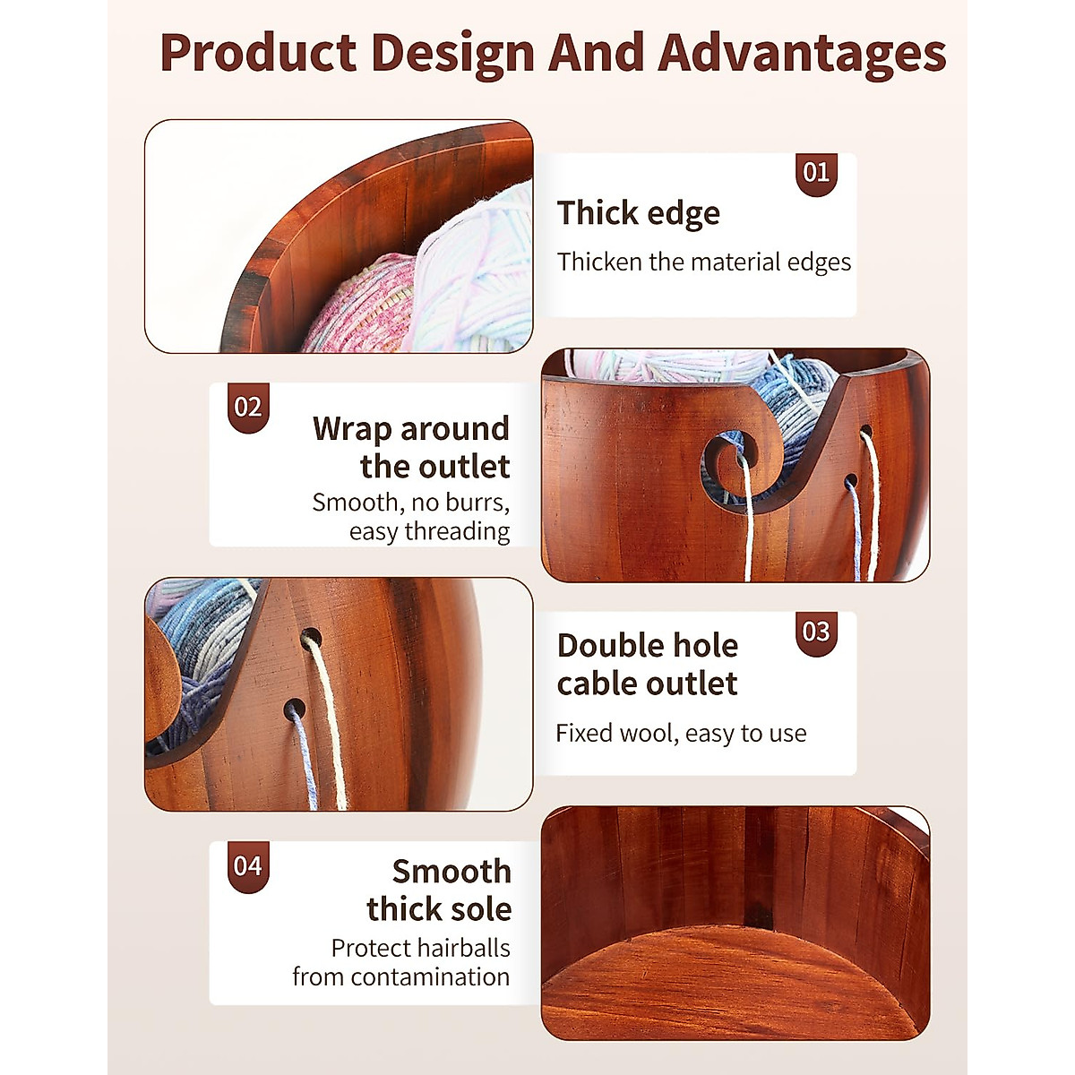 Large Yarn Bowl Holder, 8.7''Knitting Bowl with 9pcs Crochet Hooks, Wooden Yarn Holder Dispenser Yarn Storage Bowls for Crocheters Knitters Craft (Brown 8.7inch)