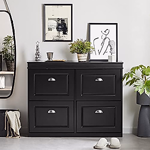 Haotian FSR79-SCH, Black Shoe Cabinet with 4 Flip Drawers, Freestanding Shoe Rack, Shoe Storage Cupboard Organizer Unit