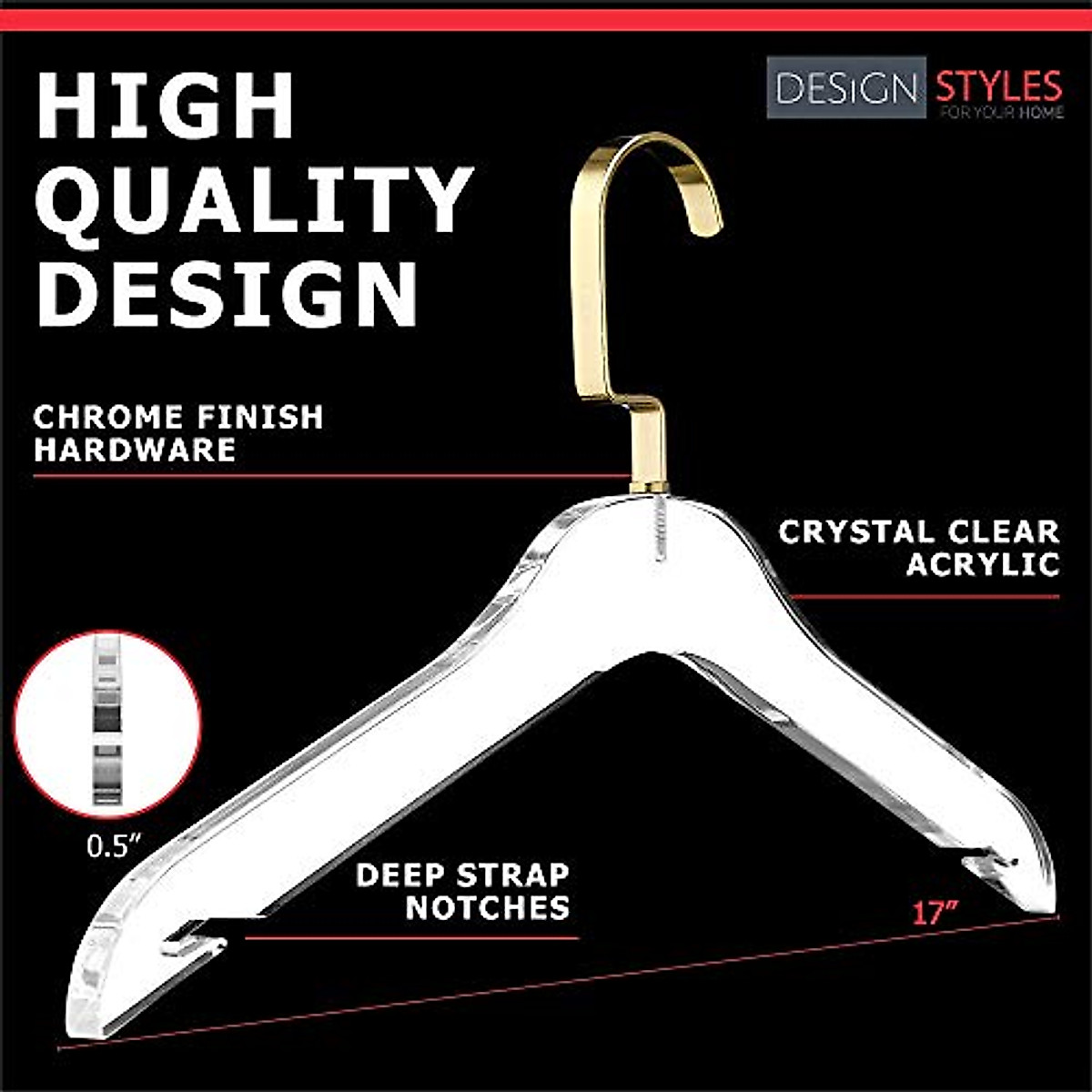 Clear Acrylic Clothes Hangers - 10 Pack Stylish and Heavy Duty Closet Organizer with Gold Chrome Plated Steel Hooks - Non-Slip Notches for Suit Jacket, Sweater, Blouse, and Dress - by Designstyles