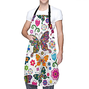 Kawani Colorful Butterflies and Flowers Apron Cute Art Adjustable Apron With 2 Pockets Abstract Aprons For Women Men Suitable For Kitchen Cooking Painting Grilling 28x33 Inch