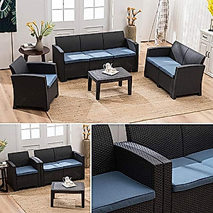 MCombo 7pcs Patio Furniture Set All-Weather Outdoor Sectional Sofa Rattan Pattern Patio Conversation Set w/Seat Cushions 6050-800 (Blue)
