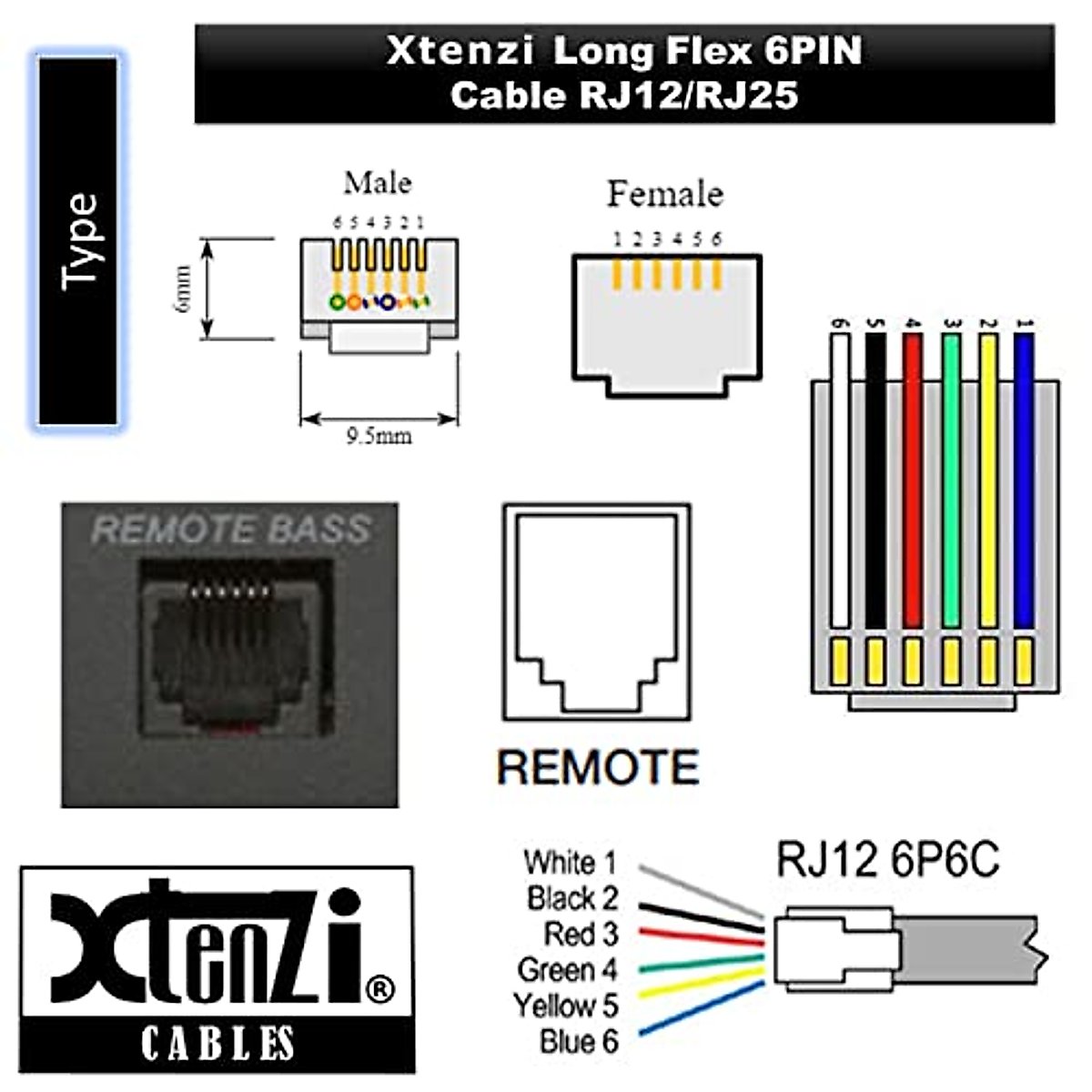 Xtenzi 6Pin Flex Cable XTFC Wire Accessory XT91615 for Amp Remote Knob Compatible with Image Dynamics Q Series Amplifiers