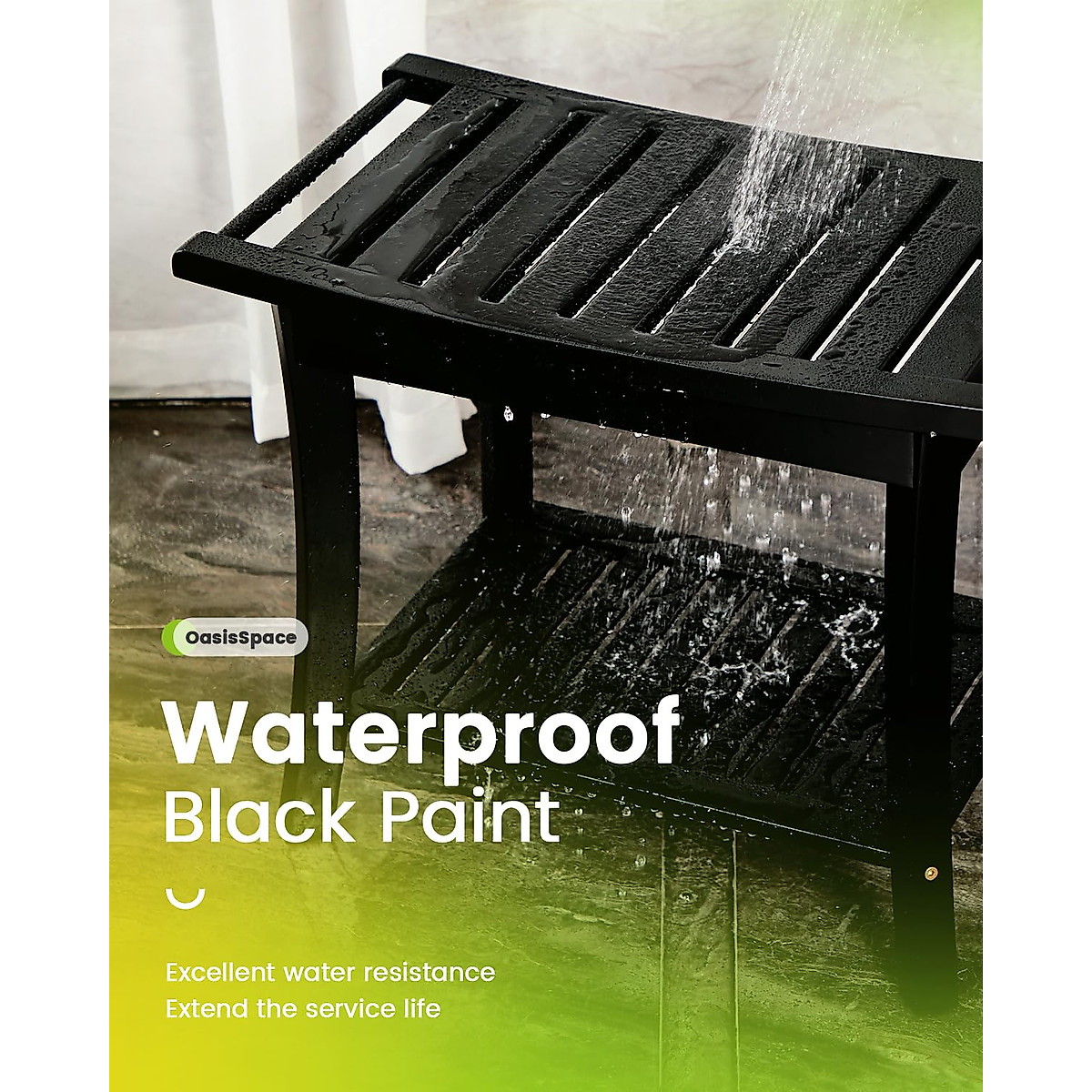 OasisSpace Bamboo Shower Bench with Storage Shelf, 24" Black Shower Stool for Inside Shower Waterproof, Spa Seat Bath Stool Organizer for Shaving Legs, Bathroom Shower Chair for Adults Elderly