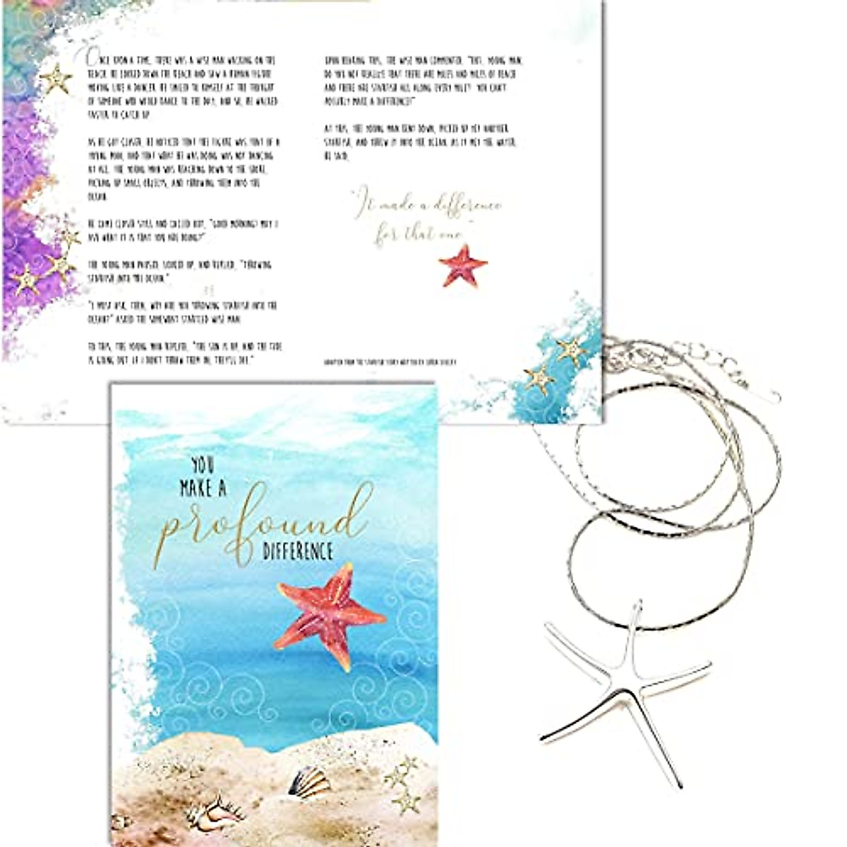 Smiling Wisdom - Starfish Story You Make A Profound Difference Greeting Card and Necklace Gift Set - Women (Simple Starfish)