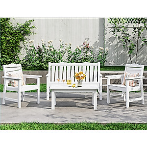 LAHAAP Outdoor Bench Set, Weatherproof Patio Furniture 3 Pieces Conversation Sets, Include Outdoor Bench + 2 Patio Chairs, for Garden Porch Lawn & Backyard (White)