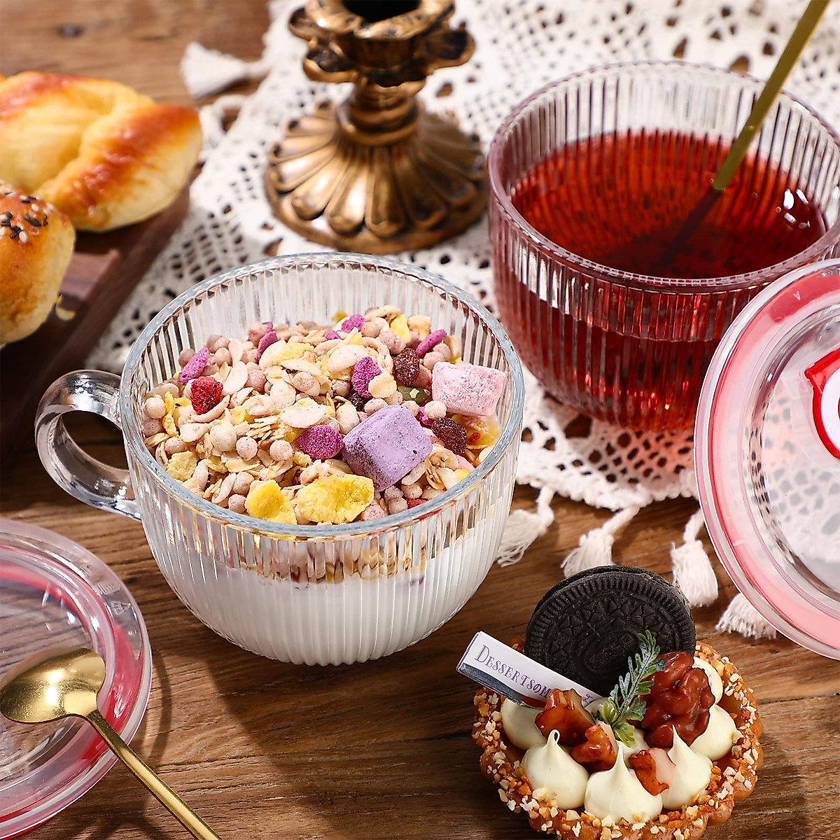 2 Pack Glass Soup Bowl with Lids Glass Cereal Bowl with Spoon Handle Clear Coffee Mug 15 oz Oatmeal Bowl Microwave Safe Breakfast Bowls Yogurt Bowl for Latte Dessert Beverage Tea Soup Cereals Fruits