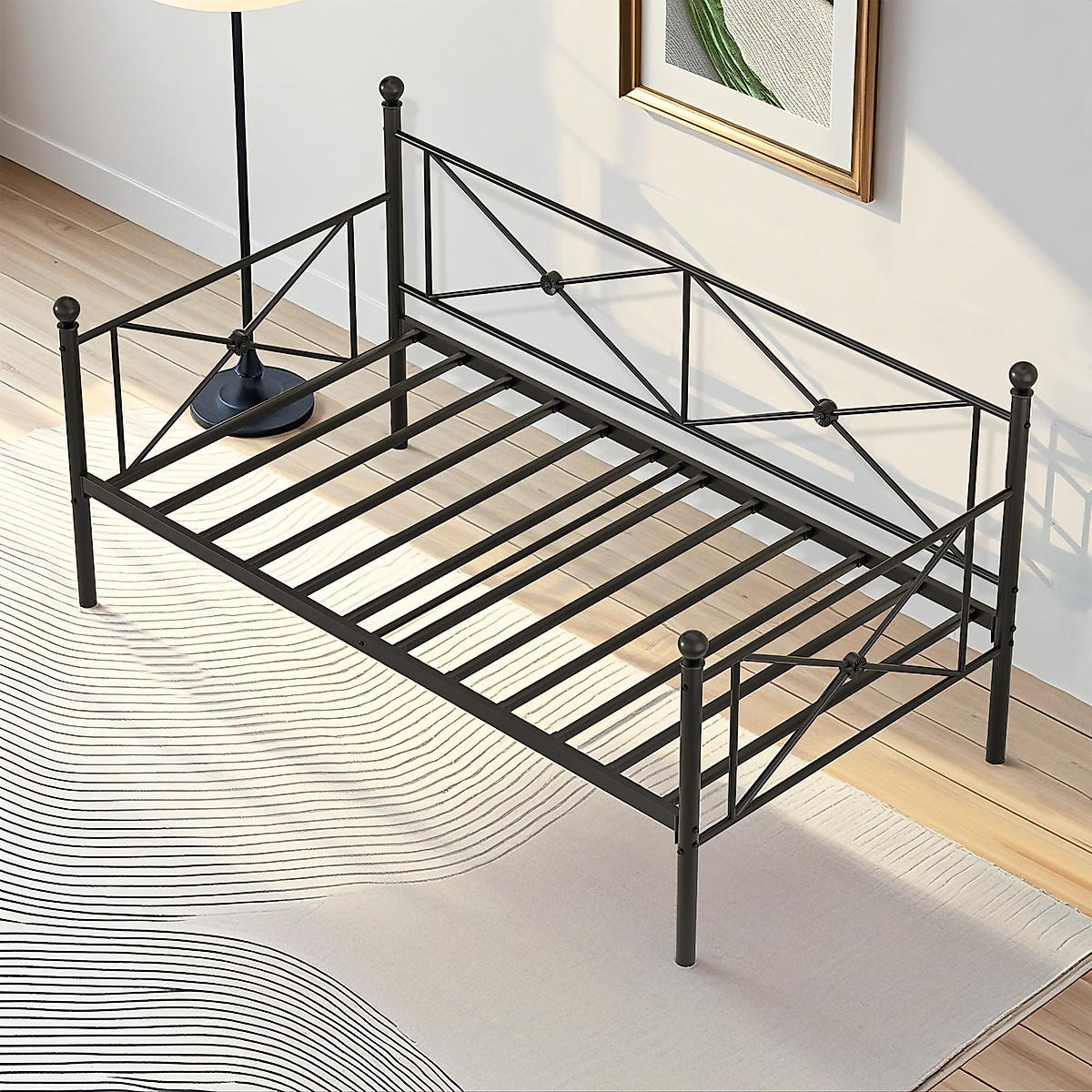 VECELO Twin Daybed with Headboard, Heavy-Duty Metal Slats Support, Sofa Bed Platform Mattress Foundation for Living Room, Guest Room, Easy Assembly, Black