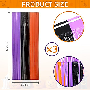 Ohiyoo Halloween Foil Fringe Curtains 3 Pack 3.3 X 6.6 ft Black Purple Orange Fringe Curtains Halloween Party Photo Backdrop Streamer Backdrop for Birthday Halloween Party Decoration (Style B)