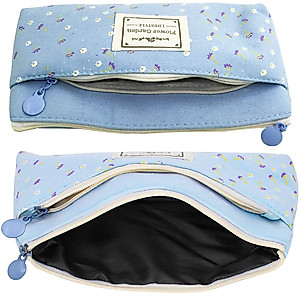 4 Pack Flower Floral Canvas Pen Pencil Cases Makeup Bags, FineGood Stationery Pouch Holders with Double Zippers for School Students Kids, with 2 Hang Ropes - Dark Blue, Light Blue, Pink, Cream