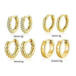 4 Pairs 14k Gold Hoop Earrings Set Twisted Glossy Zirconia Small Huggie Earrings For Multiple Piercing Cuff Cartilage Jewelry For Women