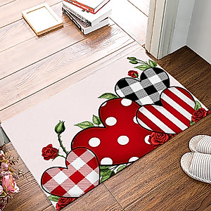 Valentine's Day Indoor Doormat Bath Rugs Non Slip, Washable Cover Floor Rug Absorbent Carpets Floor Mat Home Decor for Kitchen Bedroom Red Black Plaid Love Heart Rose Pink (16x24)