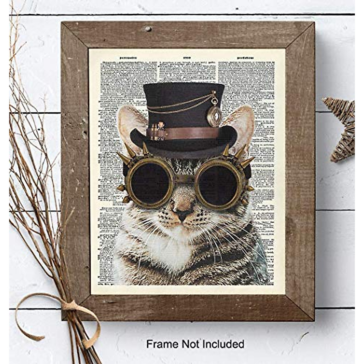 Steampunk Cat Wall Art - Funny Goth Cat Wall Decor Print for Bedroom, Veterinarian Office - Gift for Vet, Boys, Men, Teens, Women, Kitty, Kitten, Feline, Pet, Cat Lovers - Unique Gothic Dictionary Art