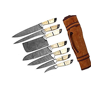 GladiatorsGuild G26- Professional Kitchen Knives Custom Made Damascus Steel 7 pcs of Professional Utility Chef Kitchen Knife Set with Chopper / Cleaver White & Black