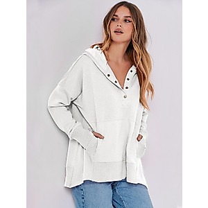 ANRABESS Women Casual Oversized Hoodies Sweatshirts Henley V Neck Hooded Pullover Sweater Tops 2024 Fall Outfits Clothes 1059benbai-M White
