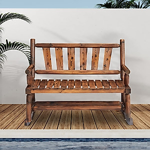 FURNDOOR Outdoor Wooden Rocking Double Chair, Rustic Log Porch Rocking Bench Rocker Chair for Patio, Backyard, Garden (2-Seat), Brown