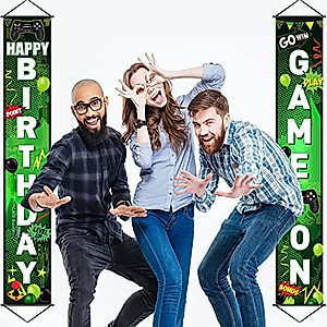Game On Birthday Banner Video Game Birthday Party Decorations Game Controller Door Sign Happy Birthday Backdrop Banners Miner Gamer Birthday Party Background Block Night Decoration