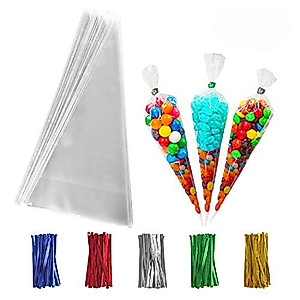 XIPEGPA 200 PCS Clear Cone Treat Bags Cellophane Cone Treat Bags Plastic Cone Bags Triangle Bags with 200 PCS Twist Ties 5 Mix Colors for Favor Candy Popcorn Handmade Cookies
