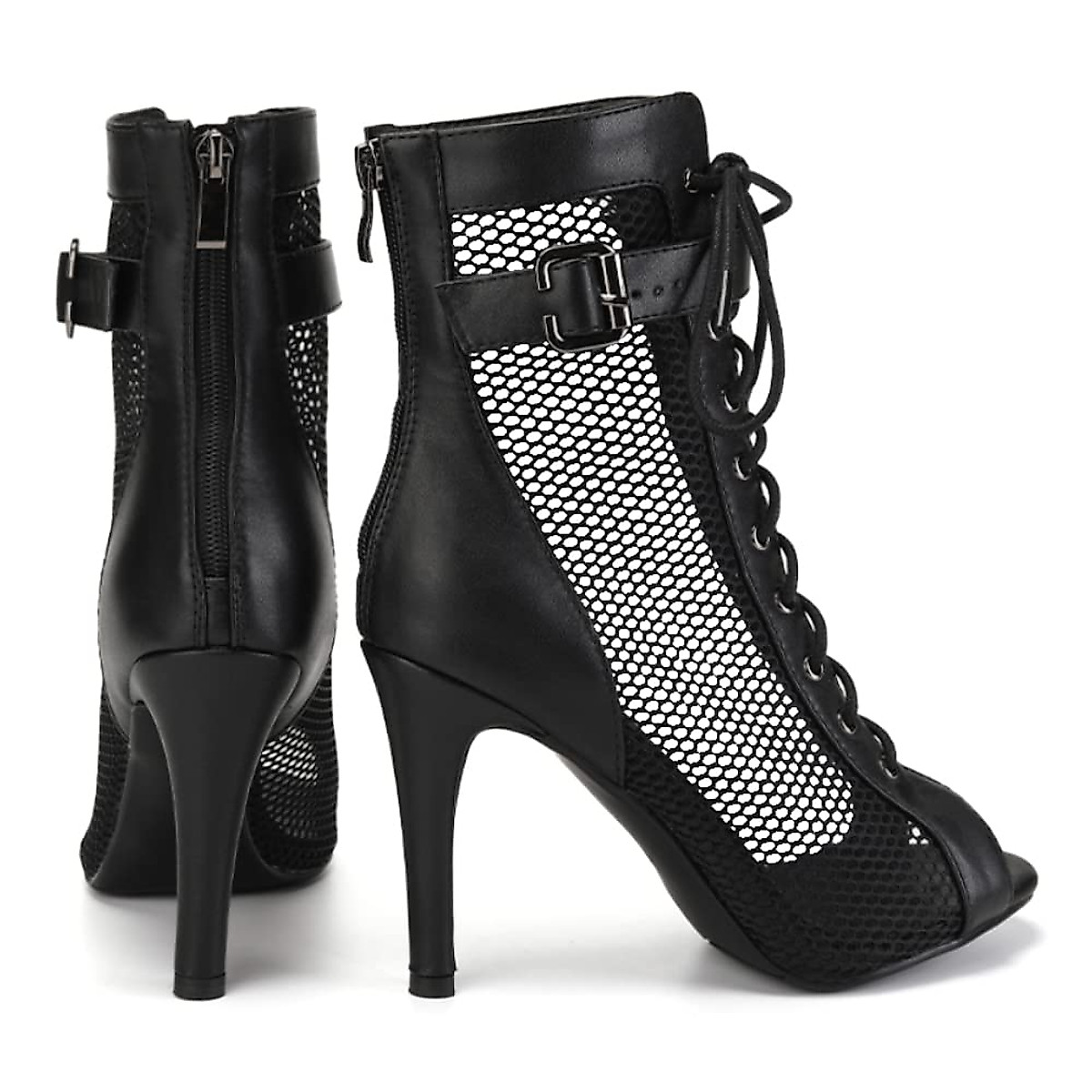 TINRYMX Women Open Toe Dance Ankle Boots Dance Heels Lace-up Latin Salsa Bachata Ballroom Dance Shoes, DSK92-PM-Black-9.5, 11(M) US