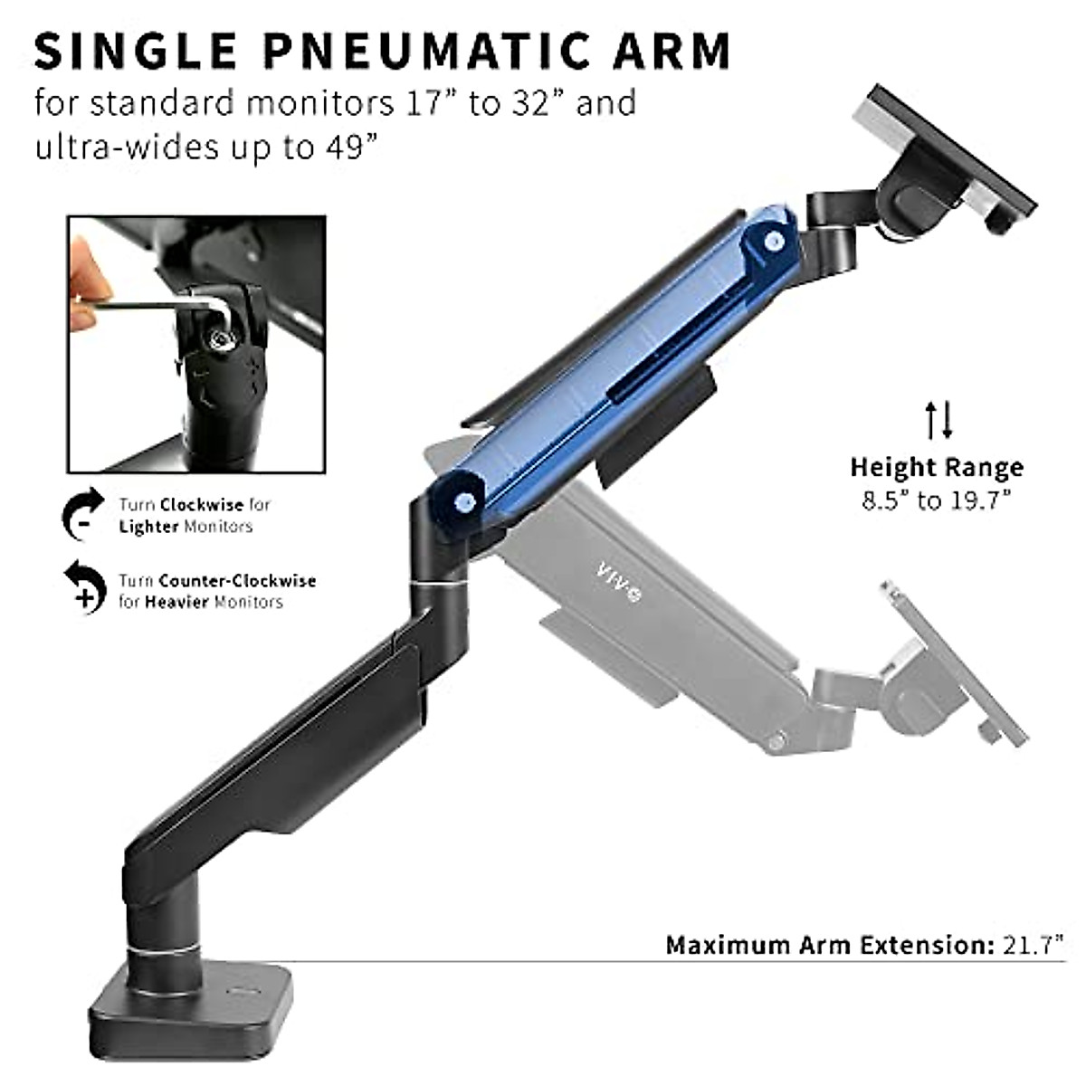 VIVO Premium Aluminum Single Gaming Monitor Arm for Ultrawide Screens up to 49 inches and 44 lbs, Heavy Duty Desk Mount Stand, Pneumatic Height, Max VESA 100x100, Black, STAND-V100D
