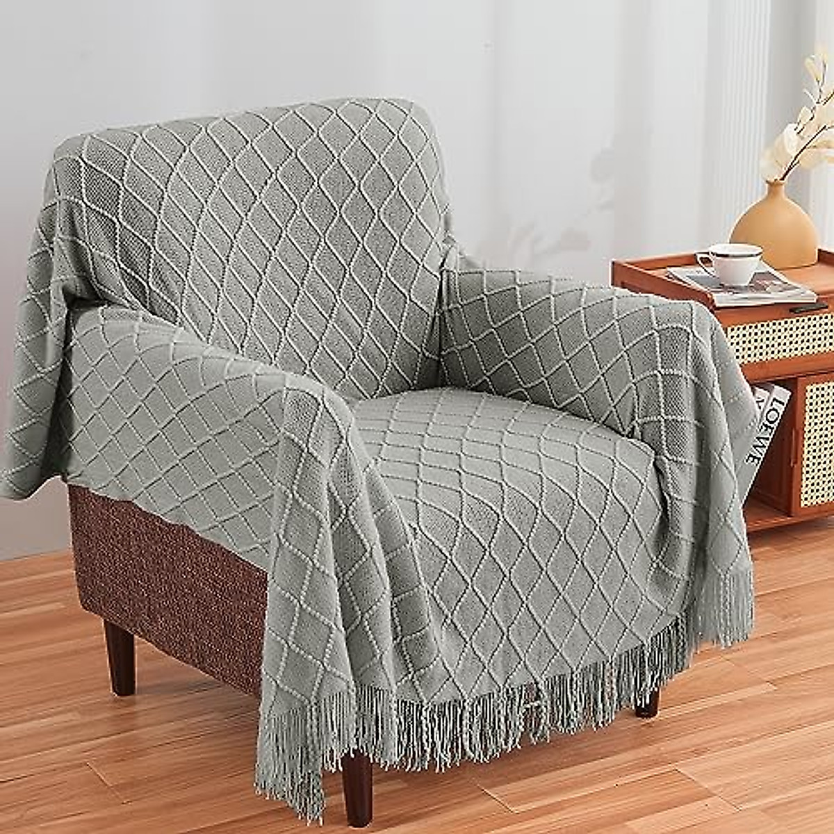 inhand Knitted Throw Blankets for Couch and Bed, Soft Cozy Knit Blanket with Tassel, Light Grey Lightweight Decorative Blankets and Throws, Farmhouse Warm Woven Blanket for Men and Women, 60"x80"