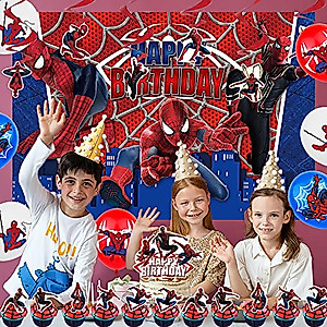 Spider Birthday Decorations Spider Theme Party Supplies for Kids Boys Include Happy Birthday Banner, Cake Topper, Backdrop, 6 Hanging Swirls, 18 Latex Balloons, 24 Cupcake Toppers