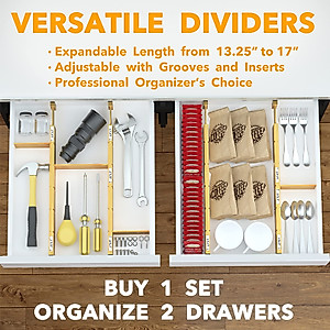 SpaceAid Bamboo Drawer Dividers with Inserts and Labels, Kitchen Adjustable Drawer Organizers, Expandable Organization for Home, Office, Dressers, 4 Dividers with 9 Inserts (13.25-17 in)