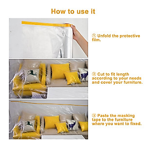 Muf 9 x 65 Feet Plastic Drop Cloth Plastic Sheeting with Masking Tape,Waterproof Protective Masking Film,Prevent Dust Paint for Car,Furniture,Carpet,Floor,1 Pack