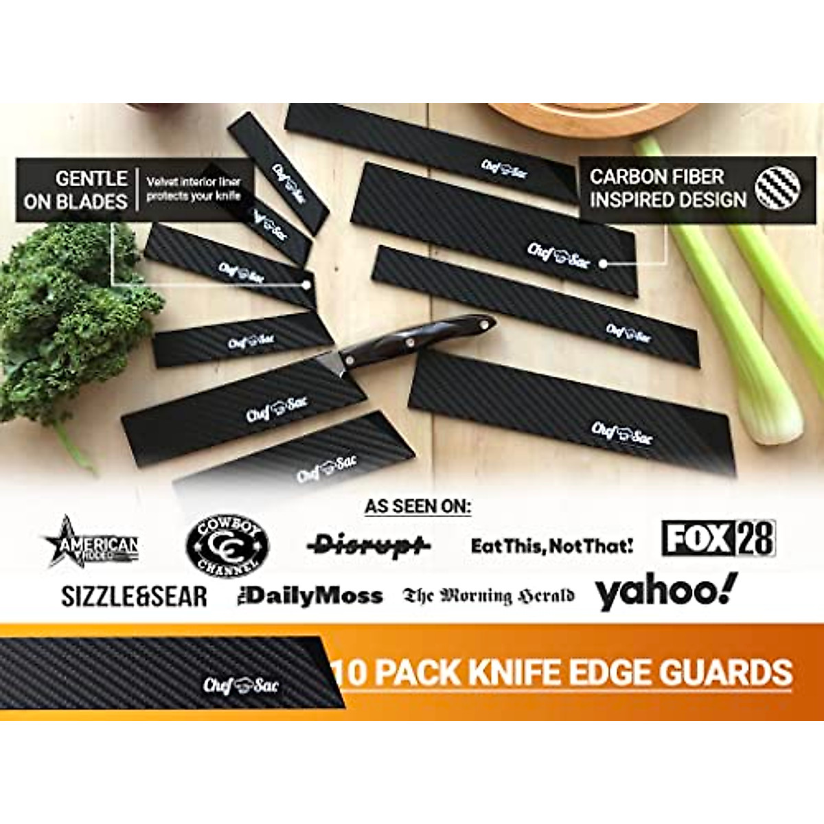Chef Sac Knife Edge Guards | Universal Knife Cover & Professional Knife Protector | Durable BPA-Free ABS Plastic Knife Guards | Gentle Non-Scratch Felt Lining Chef Knife Sheath (10-Pack)