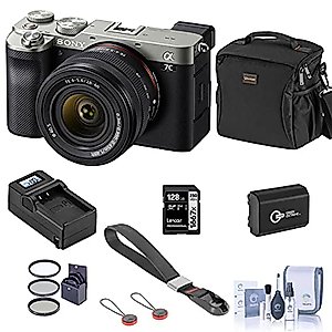 Sony Alpha 7C Mirrorless Digital Camera with FE 28-60mm f/4-5.6 Lens, Silver, Bundle with Bag, 128GB SD Card, Extra Battery, Compact Charger, Wrist Strap, Filter Kit, Cleaning Kit