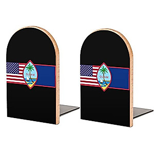 Guam Flag & American Flag Wood Book Ends for Shelves Non-Skid Bookend Book Stand Book Holder Stopper for Home Office School