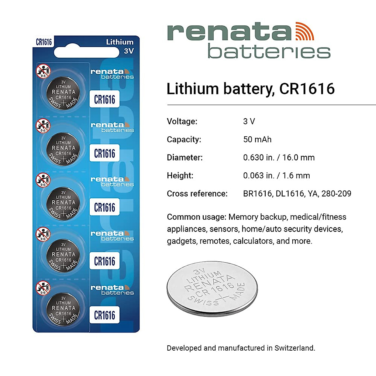 Renata CR1225 Batteries - 3V Lithium Coin Cell 1225 Battery (5 Count)