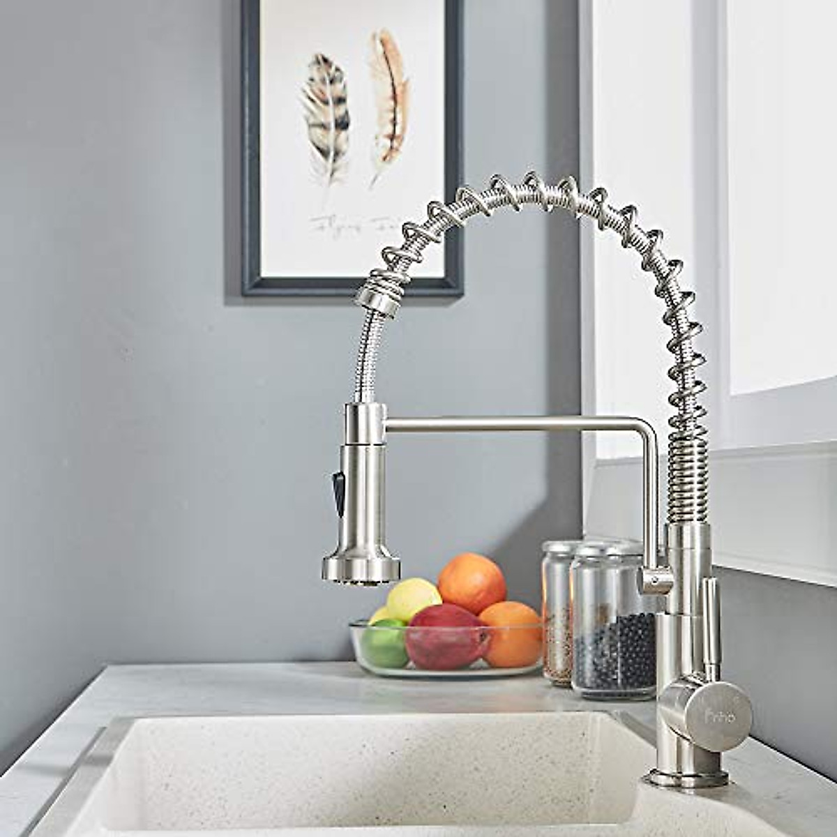 Friho Lead-Free Commercial Brushed Nickel Stainless Steel Single Handle Single Lever Pull Out Pull Down Sprayer Spring Bar Sink Kitchen Sink Faucet, Brushed Nickel Kitchen Faucets