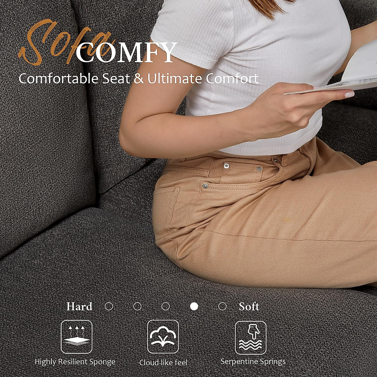 papababe Sofa, 3 Seater Modern Couches with Extra Deep Seats, 89" Wide Comfy Couches for Living Room, Bedroom(Grey,Chenille)