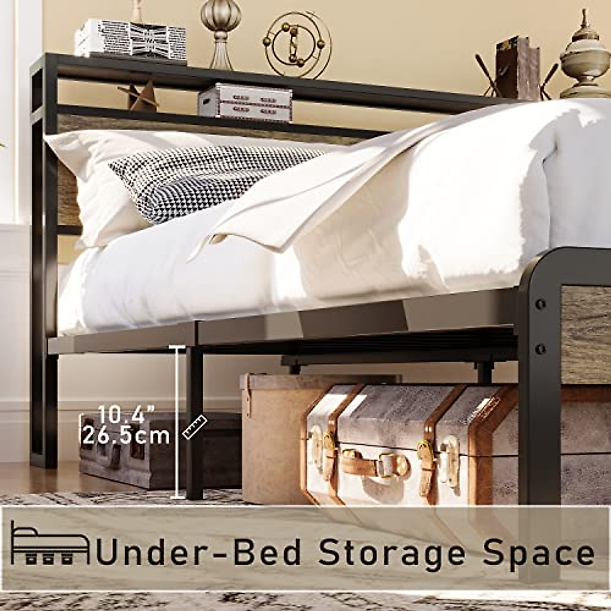 LIKIMIO Queen Bed Frame with Storage Headboard, Platform Bed Frame Queen Size with Strong Supports, More Sturdy, Noise-Free, No Box Spring Needed, Rustic Maple