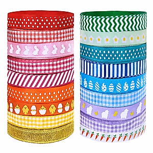 18 Rolls 90 Yards Easter Ribbons Easter Egg Chick Bunny Printed Grosgrain Ribbons Satin Ribbons Metallic Glitter Ribbons Craft Ribbons Embellish Decorative Ribbons 3/8" W for Gift Wrapping Bows Decor