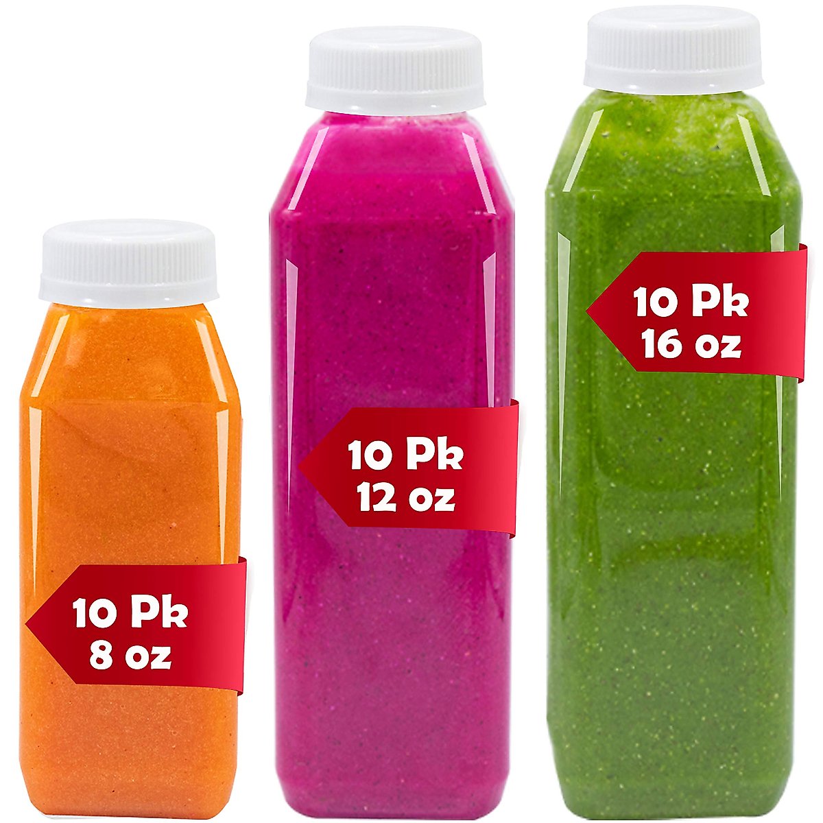 30 Pack of Empty Bottles, Plastic Bottles with Lids, Includes 10 Each Of 8 oz Bottles, 12 oz Bottles, and 16 oz Bottles, Plastic Milk Bottles With Tamper Proof Bottle Caps Lids Great Juice Bottles