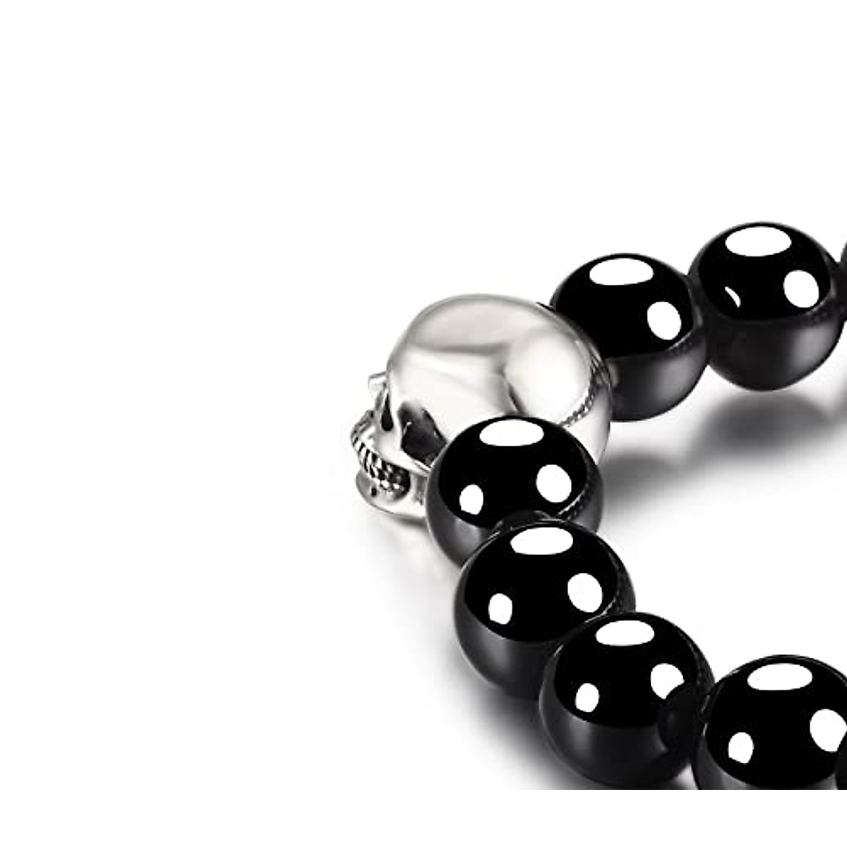 Skullis 0.7" 925 Sterling Silver Carved Skull & Black Obsidian Beads Bracelet, Crystal Healing. (M, Fit wrist size: (171-186) mm)