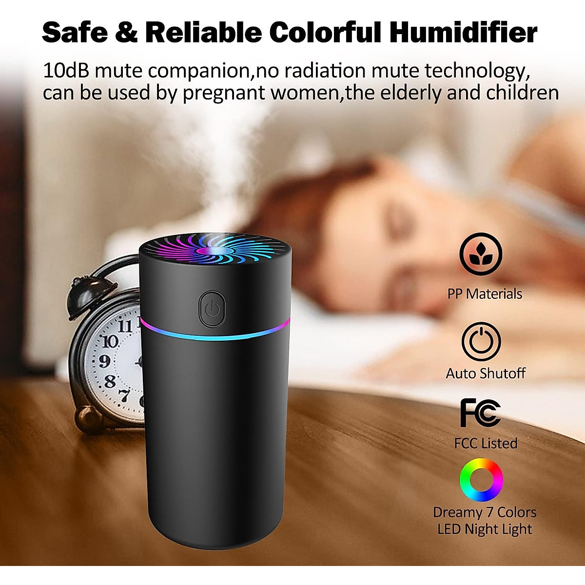Humidifiers for Bedroom Portable Mini Humidifier with 7-color Lights, Auto Shut-Off Small Desk Humidifier [2 Mist Modes] Super Quiet USB Personal Humidifier for Bedroom, Car, Office, Travel, Plants