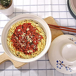 WHJY Japanese Creative Hand-painted Ceramic Tableware with Lid for Soup and Noodles, with Heat Preservation Function, Integrated Bowl and Lid - Blue Plum