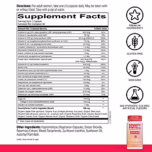 SmartyPants Multivitamin for Women: Omega-3 DHA; Zinc for Immunity, Biotin, Iron, Folate, Vitamins D3, C, B6, Vitamin B12, One Per Day, 30 Capsules, 30 Day Supply