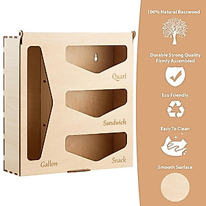 Storage Bag Organizer - Wooden Baggie Organizer for Drawer, Bass Wood - Quart, Snack, Gallon Size, Sandwich Bag Holder - Plastic Bag Organizer with Hinged Lid, Engraved Labels - 11.6x12x3.25"