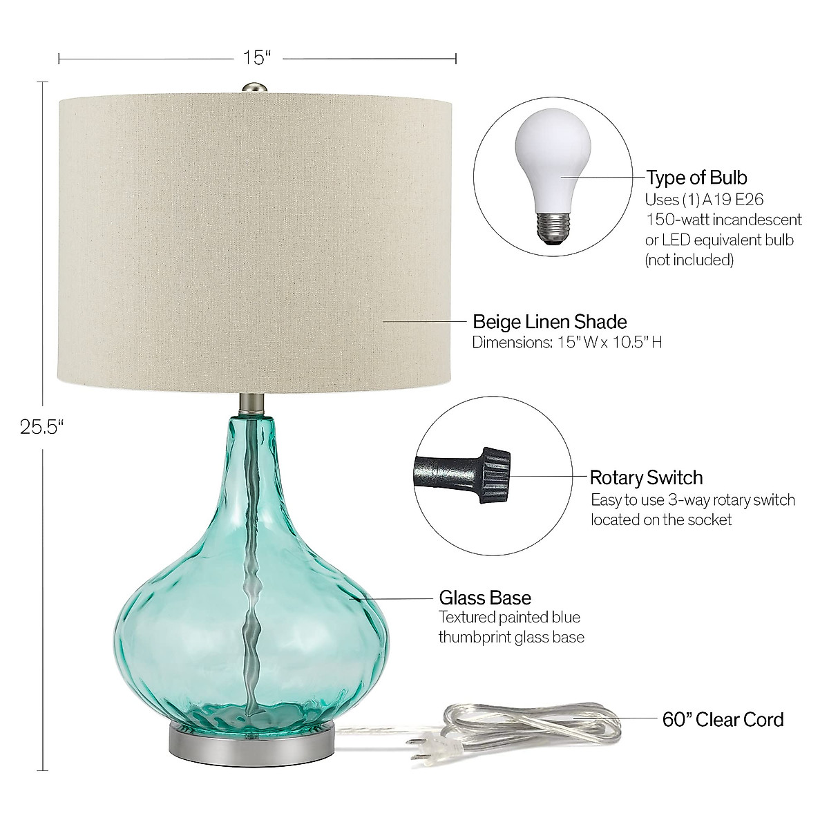 Catalina Lighting 21595-000 Transitional Thumbprint Glass Gourd Table Lamp, 25.5", Blue