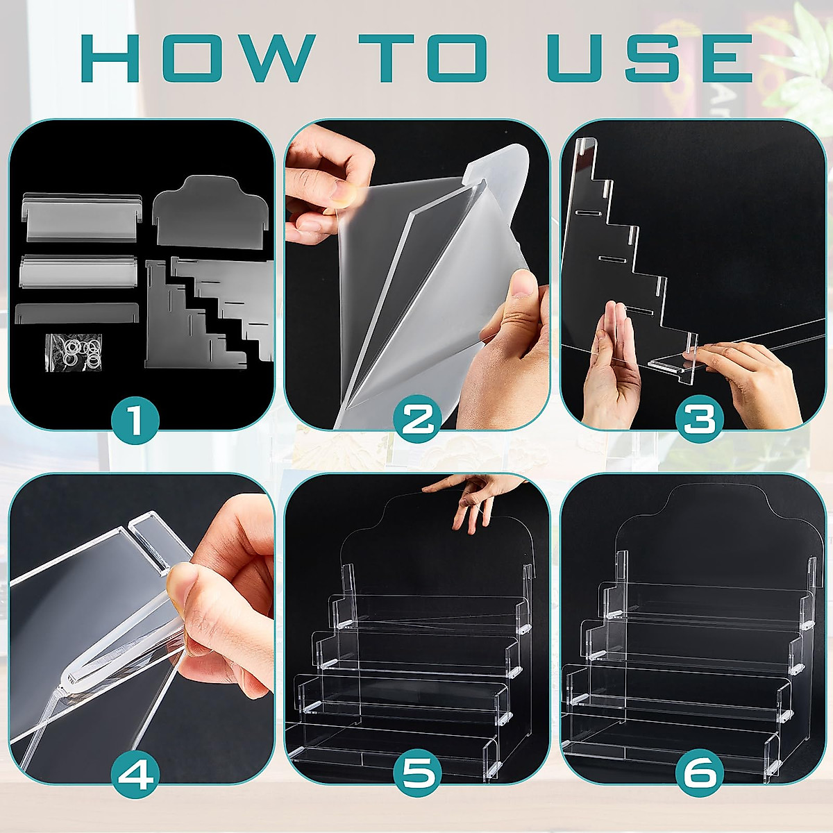 Menkxi 4 Tier Acrylic Greeting Card Display Stand Portable Sticker Display Stand Card Display Rack Card Holder Postcard Organizer for Retail Counter Desk Stamp Mail Photos Storage (Clear,Large)