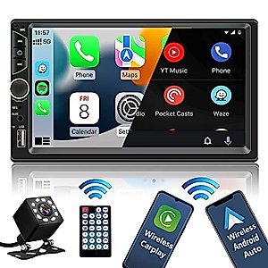 Double Din Car Stereo with Wireless Apple Carplay,Wireless Android Auto,7 inch HD Touch Screen Car Radio with Bluetooth, Car Audio Receiver with Backup Camera,Mirror Link,FM/USB/AUX/TF/Subwoofer