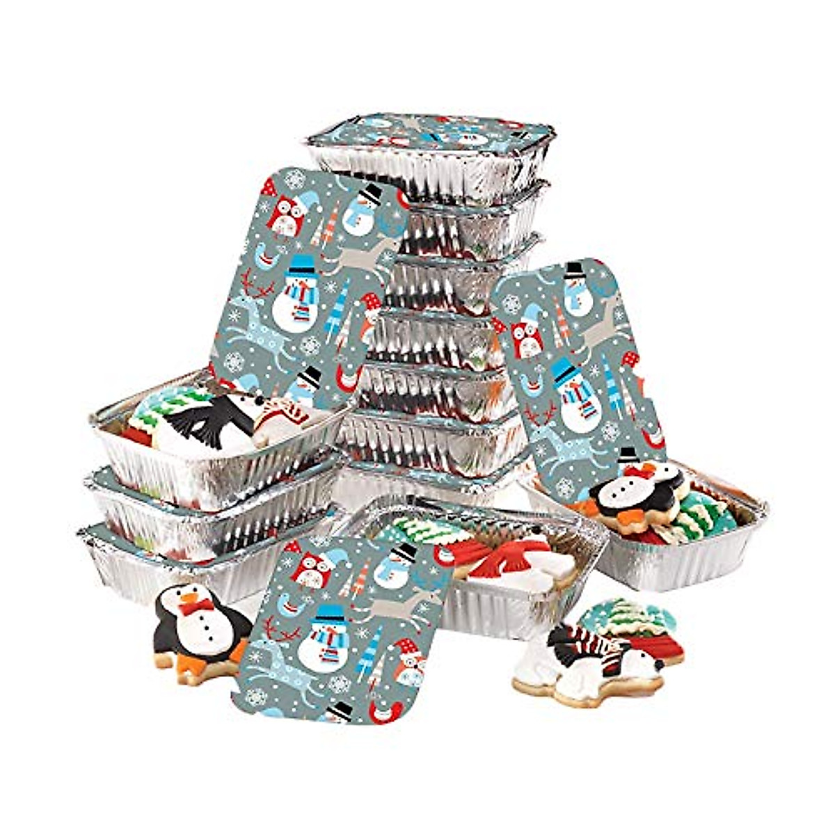 Gia's Kitchen Disposable Aluminum Pans with Lids, 24 Piece, Set of 12 - Heavy Duty Foil Pans with Lids Perfect for Leftovers, Holiday Treats, Gift Giving - Winter Friends Foil Container Rectangular