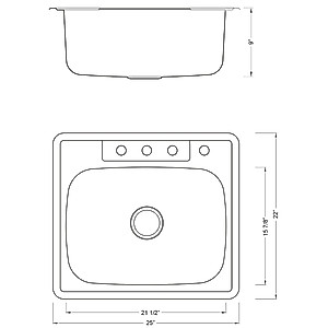 CozyBlock 25 x 22 x 9 Inch Top-mount/Drop-in Stainless Steel Single Bowl Kitchen Sink with Strainer and Protective Bottom Grid- 18 Gauge Stainless Steel-4 Faucet Hole