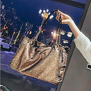 QTKJ Fashion Two Tone Reversible Sequin Tote Bag Zipper Shoulder Bag with Chain and Leather Straps (Gold)
