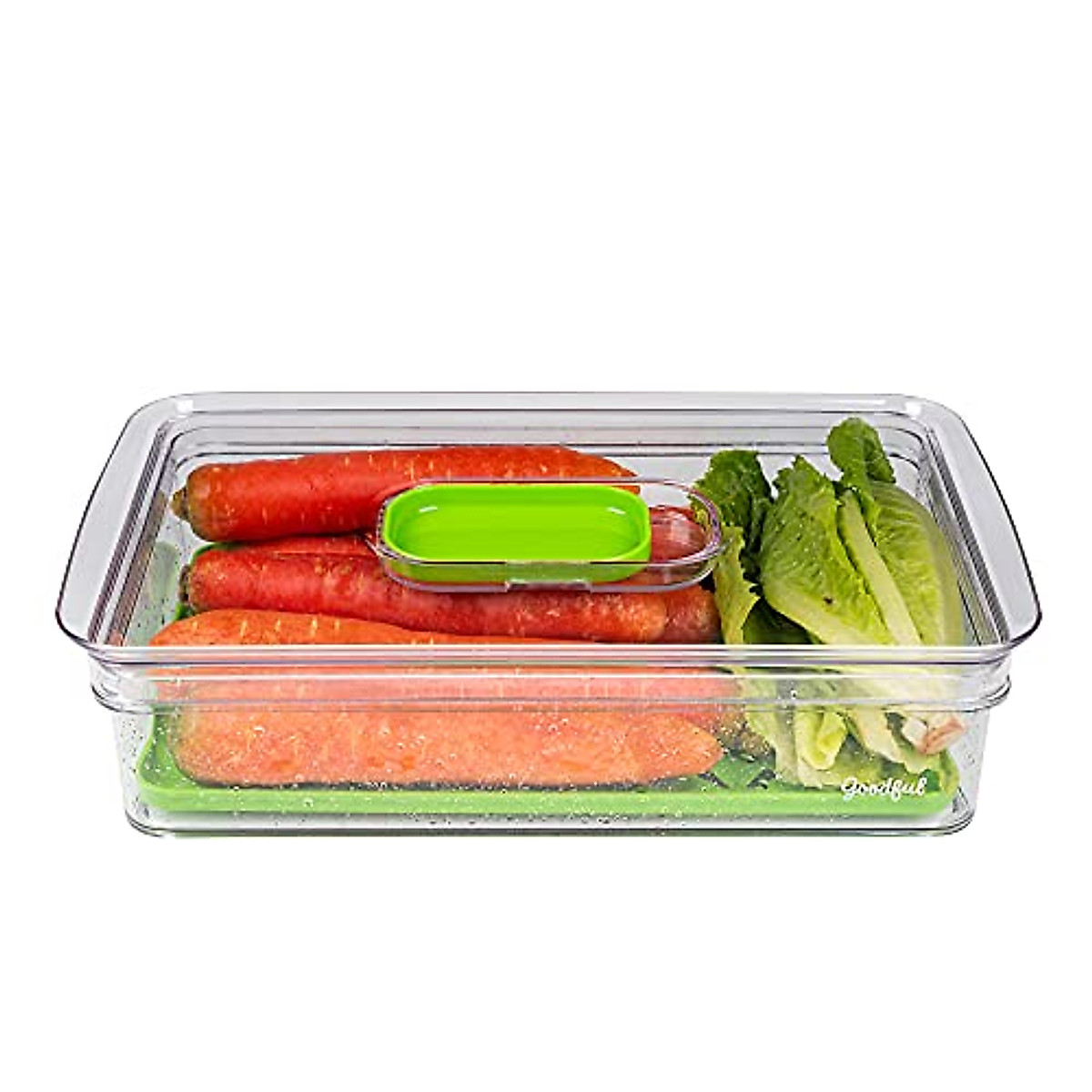 Goodful Produce Keeper, Adjustable Air Vents, Removable Insert/Colander, Durable Food Safe Material, Stackable, Clear and Green, Flat, 11.6" x 6.8" x 2.8"